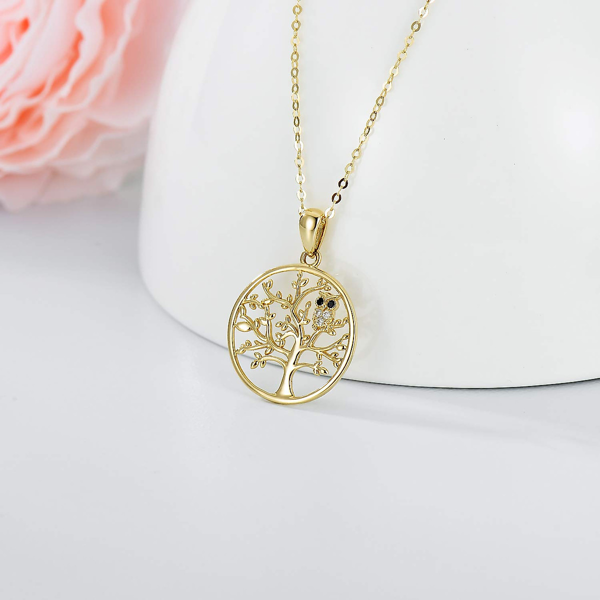 14k Solid Gold Tree of Life Necklaces for Women - owl Moissanite Necklaces Gold Jewelry Present for Wife Girlfriend Mother-1087