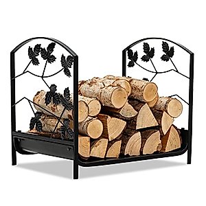 Tangkula 19 Inch Firewood Rack, Decorative Log Holder w/Leaf Patterns for Fireplace, Stove & Fire Pit, Compact Heavy Duty Powder-Coated Steel Wood Storage Accessory for Indoor & Outdoor Use, Black