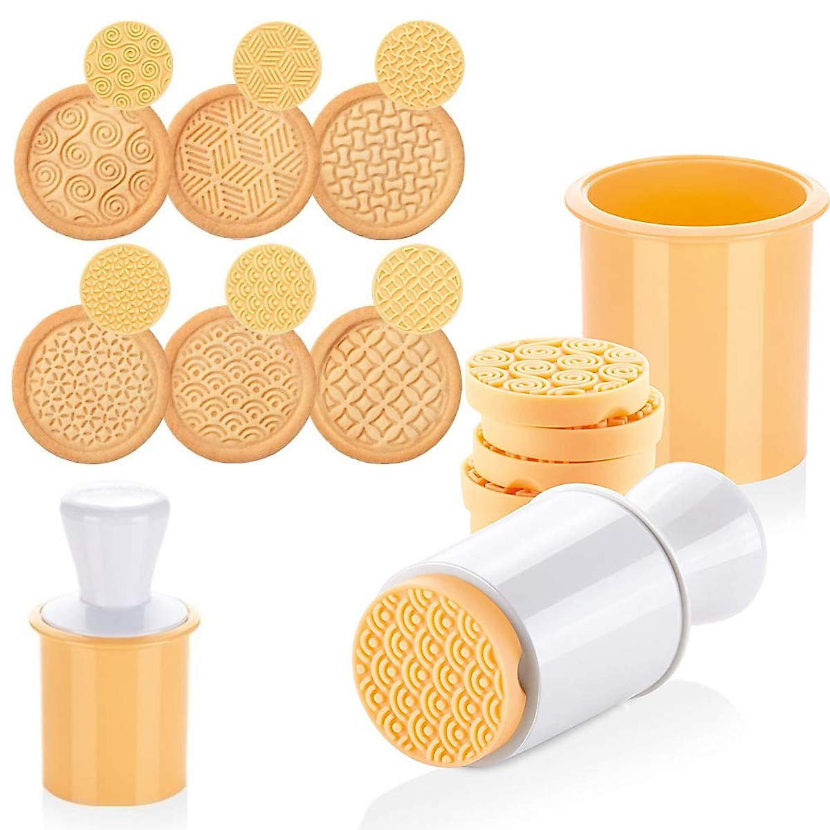 KAISHANE Silicone Cookie Stamps set for baking - Geo Geometric Figure Cookie Stamps with Handle and 6 Silicone Stamps High Heat Resistant to 480°F Yellow Color