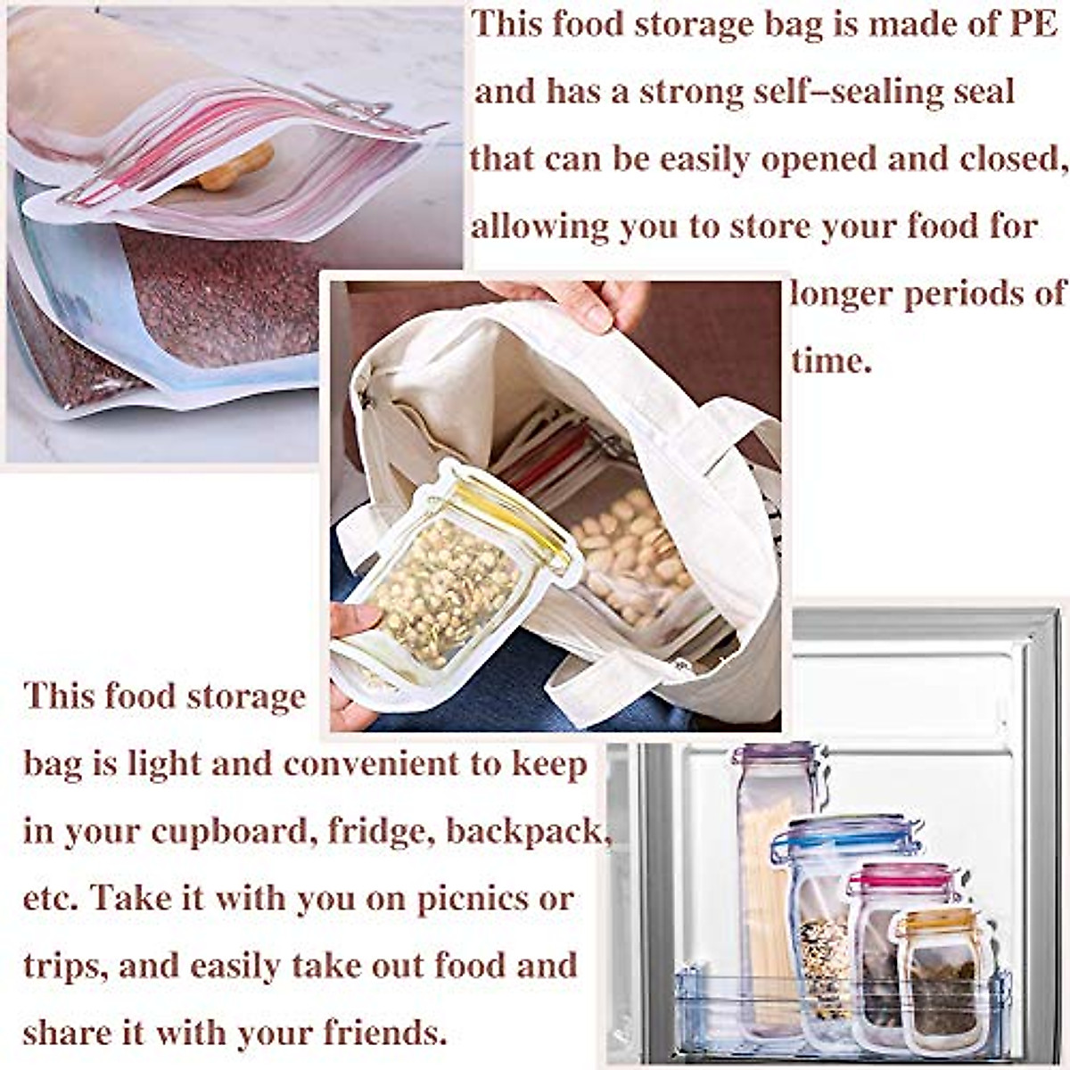 40 Pcs Reusable Mason Jar Ziplock Bags, Food Storage Fresh and Leak Proof Bags for Kitchen Camping Picnic Organizer