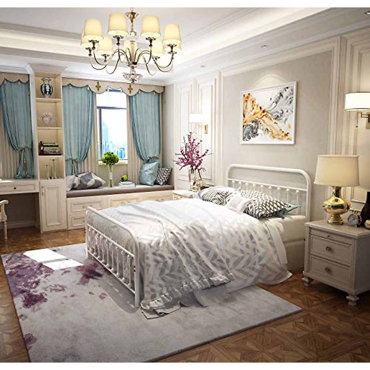 NEEBIRGELIA White Metal Bed Frame Queen Size with Headboard and Footboard Single Platform Mattress Base,Metal Tube and Iron-Art Bed（Queen,Grayish White）