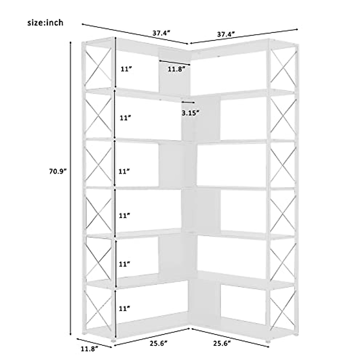 KIVENJAJA 7-Tier Corner Bookshelf, L-Shaped Modern Display Bookcase, Tall Standing Storage Book Shelves with Metal Frame for Living Room Bedroom Office, Black