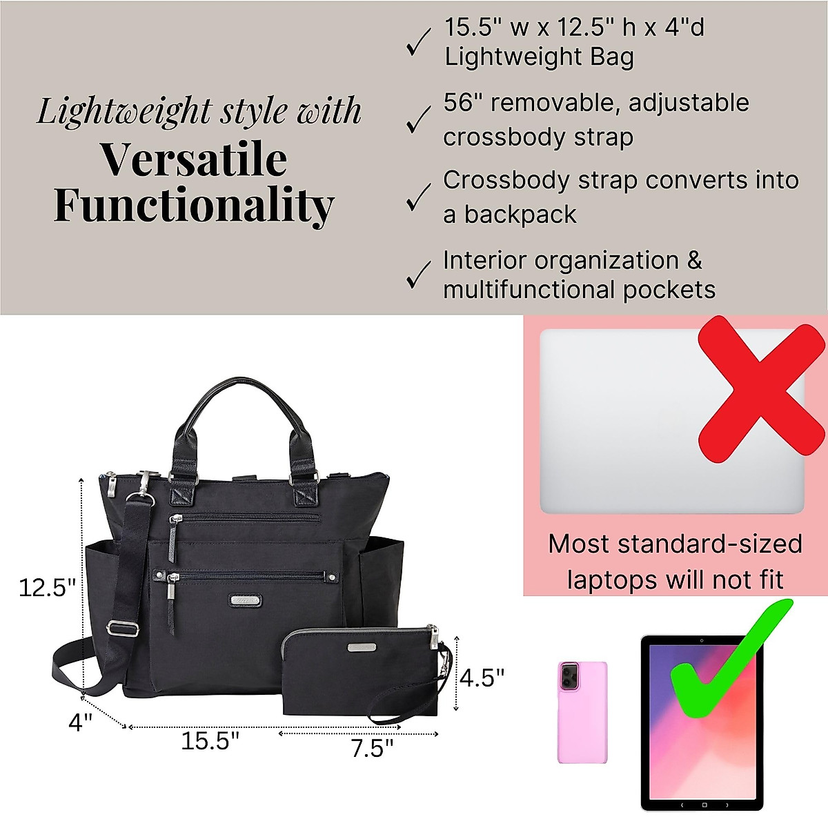 Baggallini Womens 3-in-1 Convertible Backpack With RFID Phone Wristlet, Black, One Size US