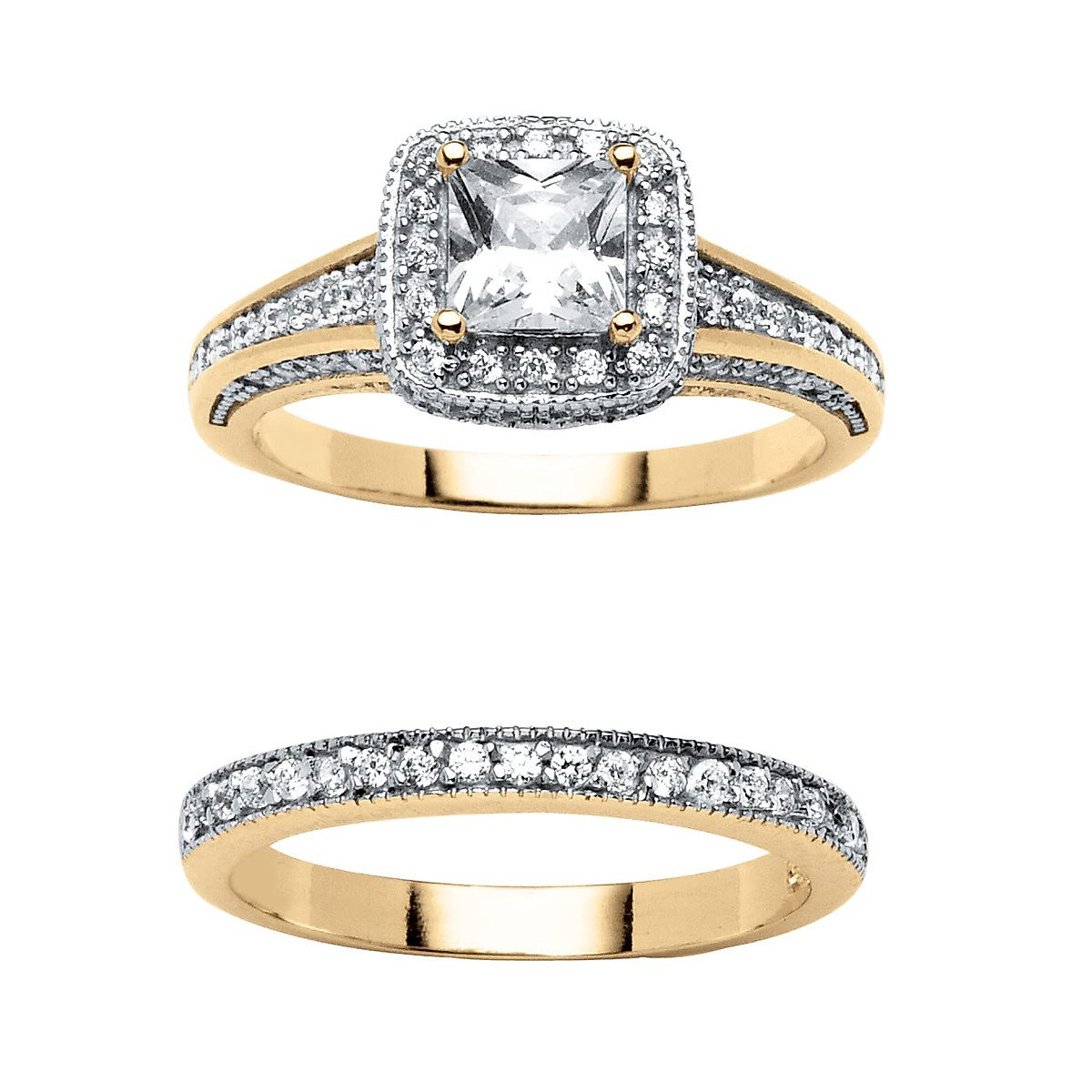 PalmBeach Yellow Gold-Plated Princess Cut Cubic Zirconia Bridal Ring Set Sizes 5-10 Size 7