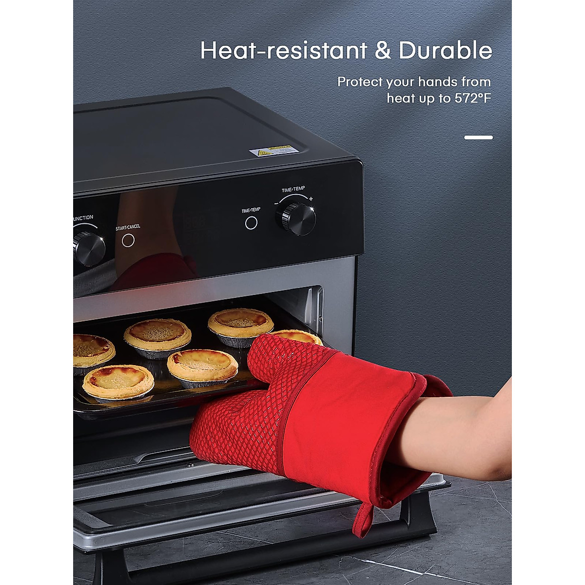 Oven Mitts, Heat Resistant Kitchen Oven Gloves 572°F, Non-Slip Silicone Surface, Extra Long Flexible Thick Mitts for Kitchen, Cooking, Baking, BBQ, Grid Red