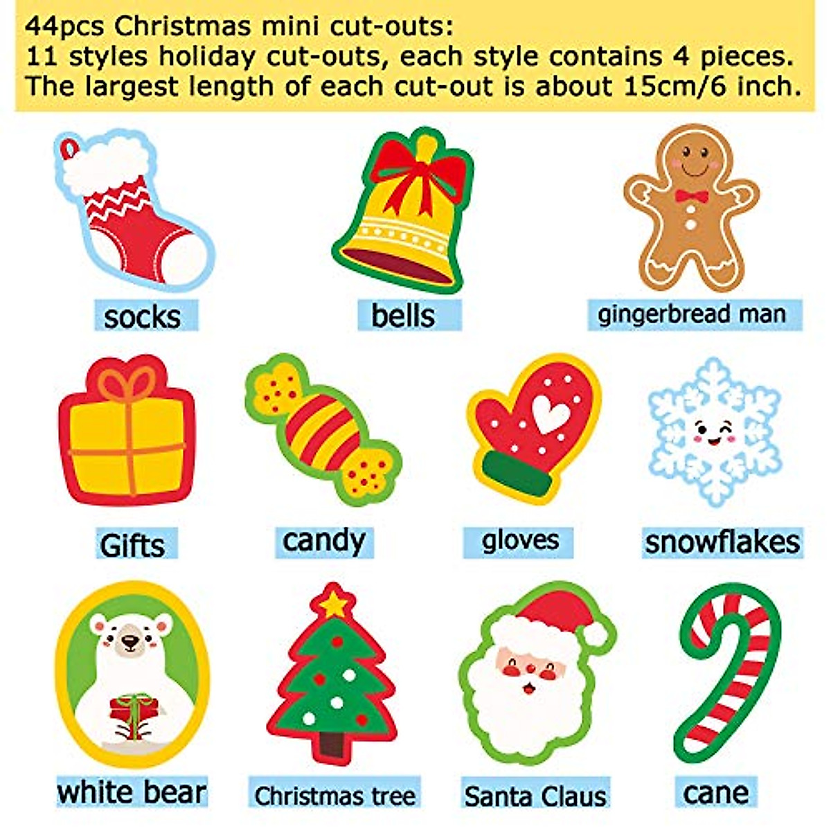 Whaline Christmas Mini Colorful Cut-Outs 44Pcs Assorted Holiday Cut-Outs Santa Xmas Tree Snowflake Classroom Winter Decoration for Bulletin Border Office Party Favor Supplies, 11 Designs