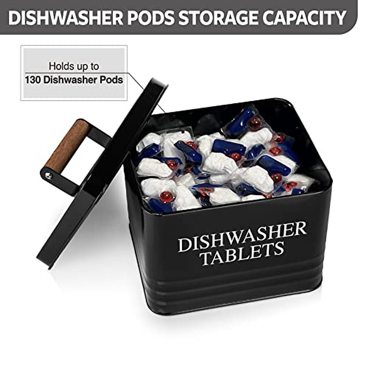 Calindiana Modern Farmhouse Metal Dishwasher Pods Container Holder with Lid for Kitchen Organization and Storage, Kitchen Essentials Decor Accessories, Black