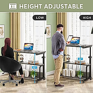 Tribesigns Small Portable Desk Side Table with Wheels, Height Adjustable Sofa Couch Bedside Laptop Table, Mobile Standing Computer Cart C Shaped Rolling TV Tray with Storage Shelves (Gray)