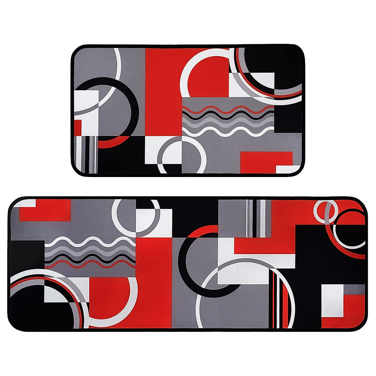Red Black Grey White Kitchen Rug Set of 2, Modern Abstract Kitchen Floor Mat Rugs Carpet- Geometric Black White Red Kitchen Decor and Accessories Home Decoration- 17x30 and 17x47 Inch