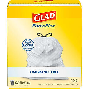 GLAD ForceFlex Tall Drawstring Trash Bags, 13 Gallon White Trash Bags for Tall Kitchen Trash Can, Unscented Leak Protection Bags, 120 Count - Packaging May Vary