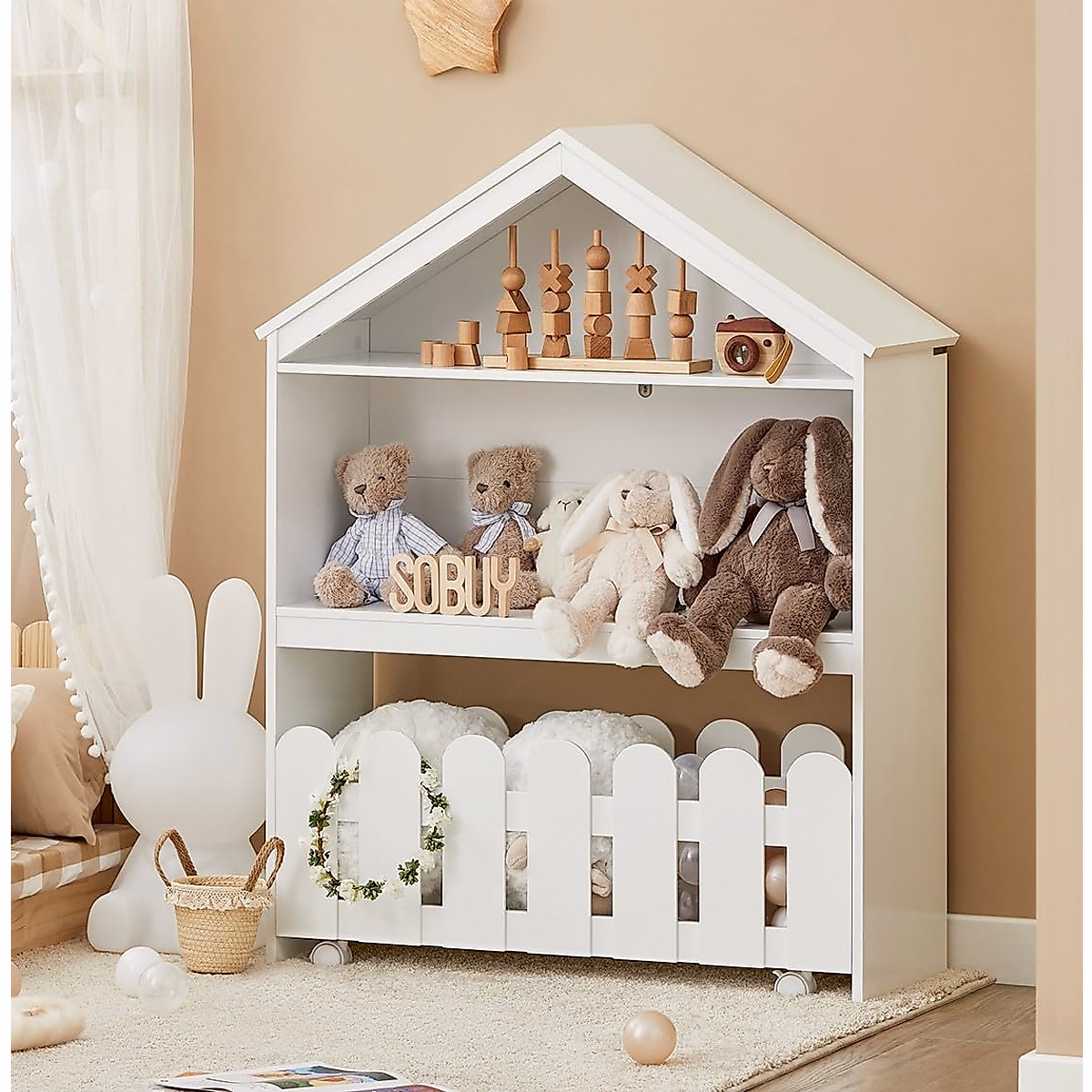 Haotian Kids Book Shelf, Children Bookcase House-Shaped Storage Display Shelf with Mobile Storage Chest on Wheels, KMB52-W