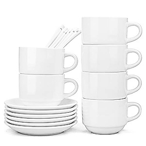 Hedume 6 Pack 5 OZ Espresso Cups with Saucers and Spoons, Stackable Espresso Coffee Cup Set for Specialty Coffee Drinks, Latte, Cafe Mocha and Tea