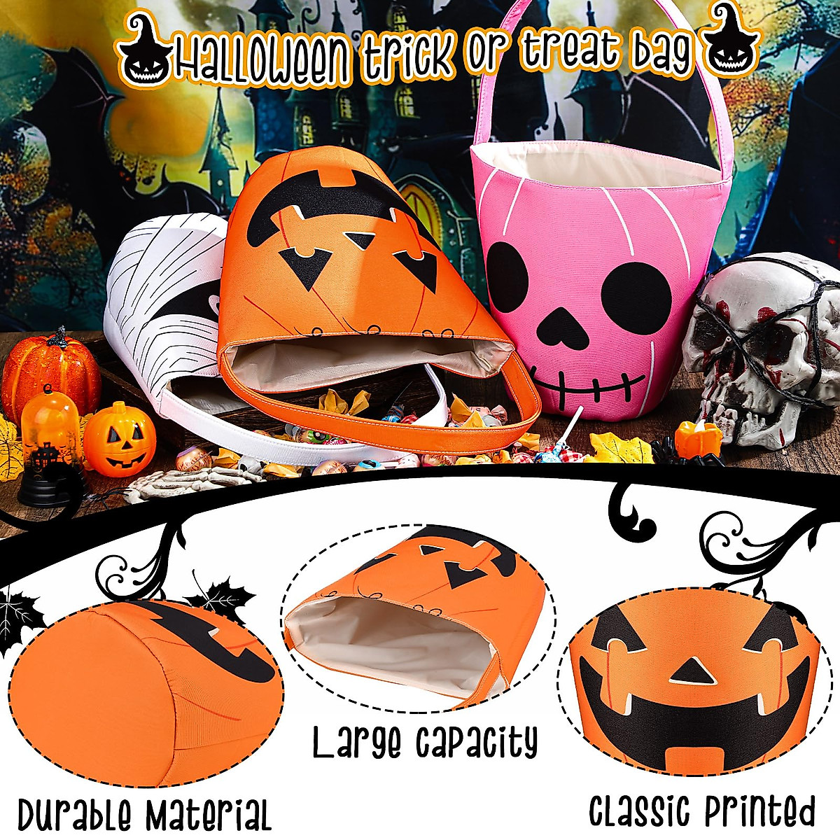 BBTO 3 Pieces Halloween Trick or Treat Bucket Candy Basket Canvas Halloween Party Tote Bags Goody Bucket for Kids Halloween Party Supplies (Halloween Cute Face)