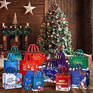 Fayayuan 24 Pack Christmas Gift Bags Assorted Sizes, Reusable Tote Bags Includes 4 Extra Large 17",8 Large 13",8 Medium 10",4 Small 8" Non-Woven Christmas Bags for Xmas Party Supplies
