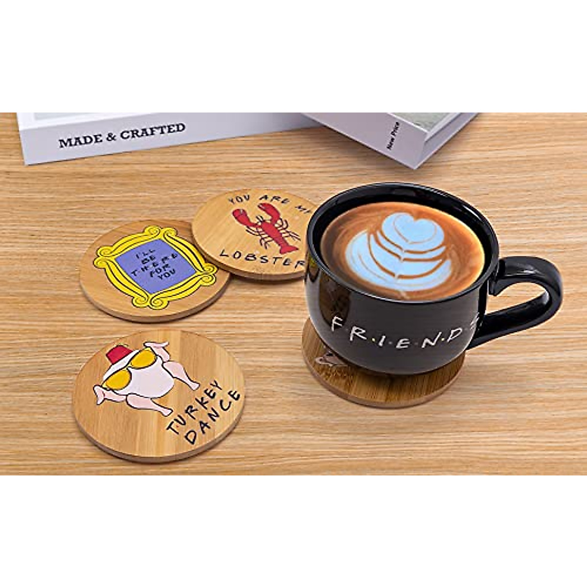 Friends Bamboo Coasters Set of 6, Friends TV Show Gifts, Friends TV Show Merchandise Presents, Funny Friends Themed Coaster Set with Coaster Holder