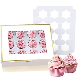 Gold-Trimmed Cupcake Boxes - 12 Count Cupcake Containers with Removable Inserts, Transparent Window Cupcake Holder (5 Pack)