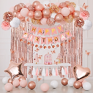 Rose Gold Birthday Party Decorations Kit for Women Girls, Foil Confetti Rose Gold Balloon Pink Happy Birthday Banner Fringe Curtains Butterfly Decor Circle Dots Tassels Pom Supplies 30th 40th 50th Her