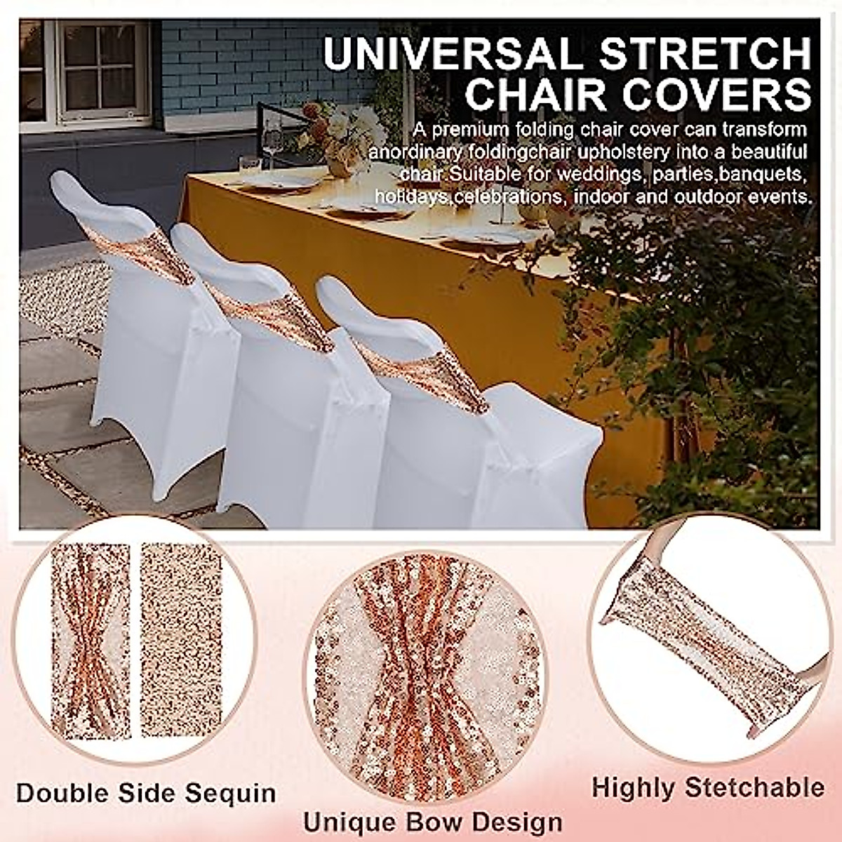 Windyun 50 Pcs Stretch Folding Chair Cover and Sequin Chair Sashes Universal Spandex Chair Slipcovers Double Sided Sequin Bows Washable Chair Protector for Wedding Birthday Banquet (White, Rose Gold)