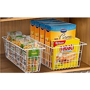 Redrubbit Wire Storage Baskets, Large Farmhouse Metal Freezer Basket Storage Organizer Bins with Handles for Kitchen Cabinets, Pantry, Closets, Bedrooms, Bathrooms, Set of 6, White