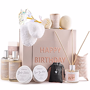 Birthday Gifts for Women, Birthday Spa Gift Basket for Women, Luxury Birthday Spa Gift Box with Vit E, Rich Bath Essentials, Diffuser, Candle, Sterling Silver CZ Heart Necklace, 24k Flower Rose & More