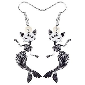 DUOWEI Halloween Mermaid Skull Cat Earrings Acrylic Funny Dangle Jewelry for Women Gifts (Black)