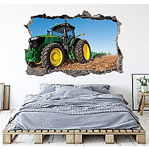 Green Tractor Wall Decal Art Decor 3D Smashed Concrete Farm Sticker Kids Bedroom Mural Custom Gift UP26 (24"W x 16"H)