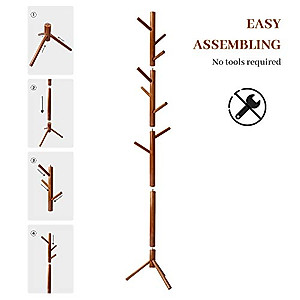 DADILL Wooden Tree Coat Rack with 3 Adjustable Sizes, 8 Hooks, Easy Assembly Free Standing Solid Coat Hanger Stand for Clothes, Garment, Hats, Umbrellas, Scarves in Hallway, Entryway, Dark Walnut