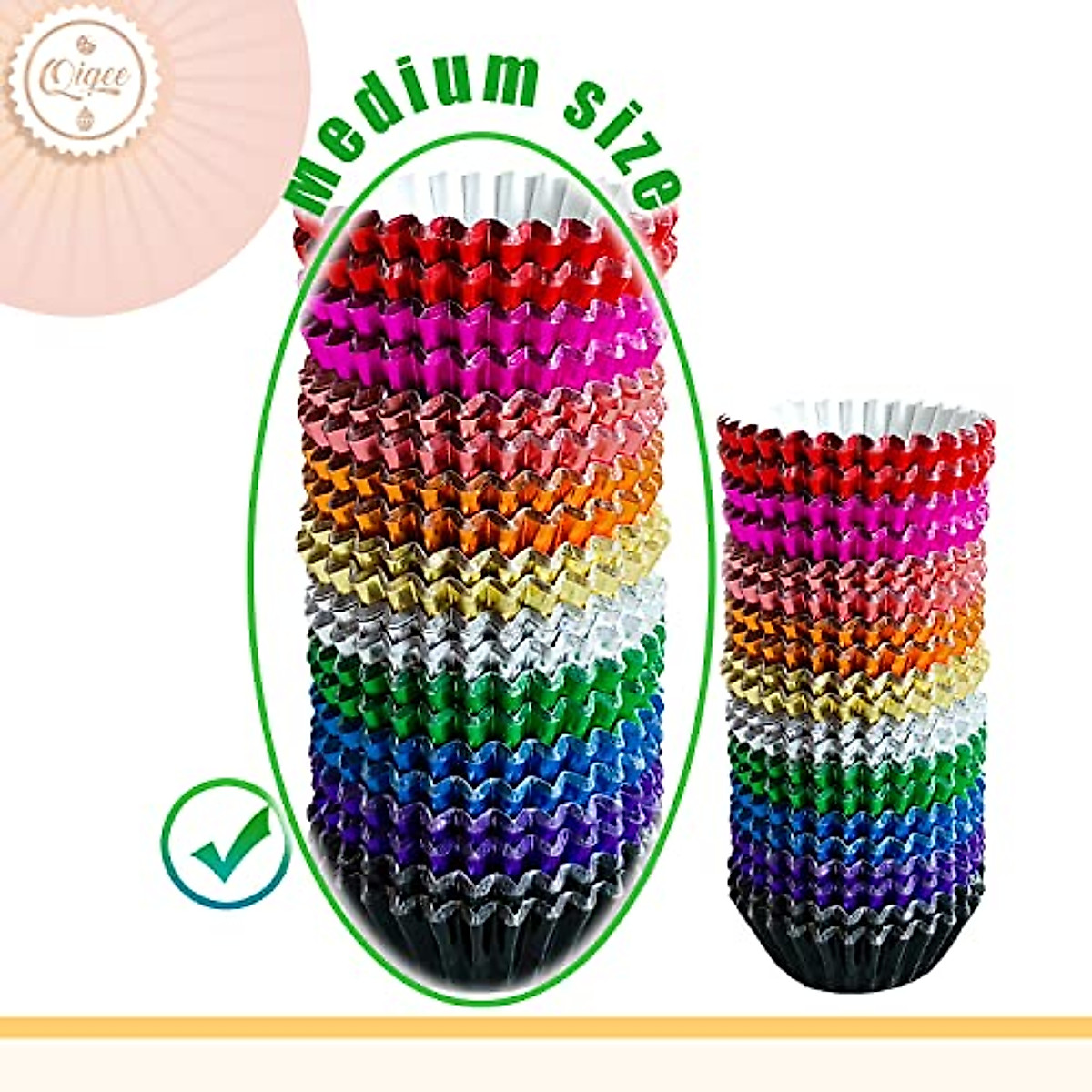 qiqee 500pcs Foil Cupcake Liners For Baking Standard Size Thick ＆ Sturdy Oil Resistance, 10 Color Baking Cups Muffin Liners Paper(Standard Size 2inch Bottom)