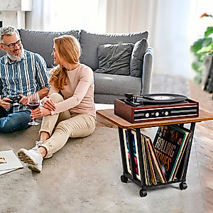 Hadulcet Record Player Stand Vinyl Records Holder, Turntable Stand and LP Album Storage Rack with wheels and dividers, Rustic Brown
