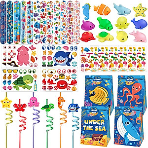 Under the Sea Party Favors 72 PCS Ocean Sea Animals Theme Slap Bracelets Squishy Toys DIY Stickers Temporary Tattoos Plastic Straws Gift Bags for Kids Birthday Party Baby Shower Goodie Bag Fillers