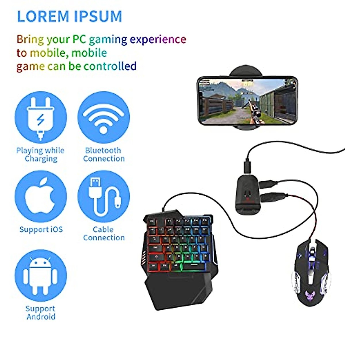 Half Hand Gaming Keyboard and Mouse Combo Laelr 35 Keys PUBG Wired Mechanical RGB LED Backlit Half Keyboard with Wrist Rest Wired Gaming Mouse Converter for Android IOS, Not support IOS 13.4 and above