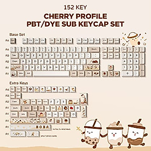 YUNZII Boba Dye Sub PBT Keycaps,154 Full Keys Dye Sublimation PBT Custom Keycaps with Key Puller for Cherry Gateron MX Switches Mechanical Gaming Keyboard (Cherry Profile, Boba)