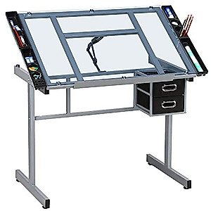 Yaheetech Adjustable Glass Drafting Table Drawing Desk Diamond Art Desk Versatile Art Craft Station Study Table w/ 2 Slide Rolling Wheels and Drawers for Artist Painters Home Office