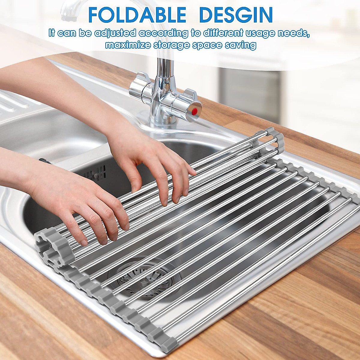 AOUAO Roll Up Dish Drying Rack,Multipurpose Stainless Steel Over The Sink Drainer Rack,Kitchen Portable Dish Rack (Round)