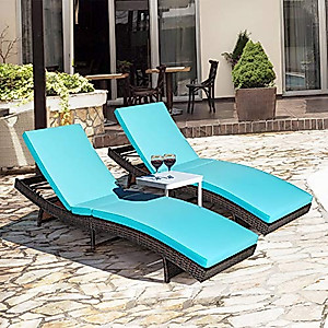 Tangkula Outdoor Folding Chaise Lounge, Rattan Patio Lounge Chair with Removable Thick Cushion, 5 Adjustable Levels, Leisure Reclining Wicker Lounge Chair for Garden, Pool Side, Balcony (2, Turquoise)