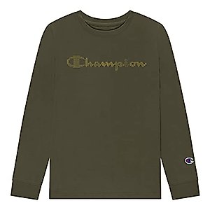 Champion Boys Long Sleeve Tee Shirt Kids Tops (Cargo Olive Outline, Large)