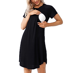 WoMear Women Sleepshirts 3 in 1 Delivery/Labor/Maternity/Nursing Nightgown Short Sleeve Breastfeeding Sleep Dress Pure Black L