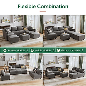 HONBAY Modular Sectional Sofa Set Oversized U Shaped Couch with Storage Ottoman Convertible Sleeper Sectional Sofa Velvet Modular Couch with Wide Chaise, Grey