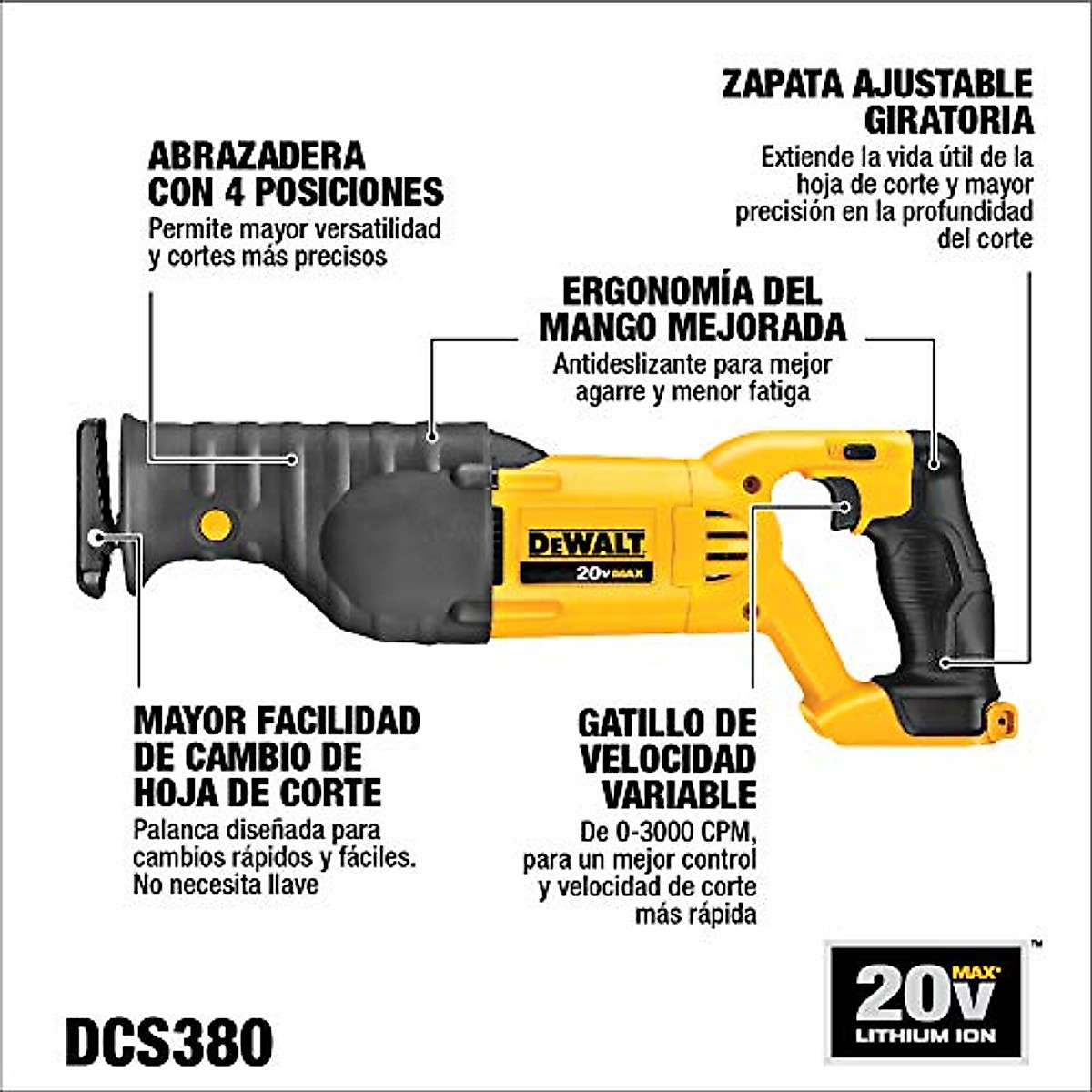 DEWALT 20V MAX Reciprocating Saw, 3,000 Strokes Per Minute, Variable Speed Trigger, Bare Tool Only (DCS380B)