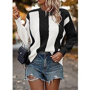 PRETTYGARDEN Women's 2023 Fall Knit Pullover Sweater Casual Long Sleeve Color Block Jumper Blouse Tops (Black,Large)