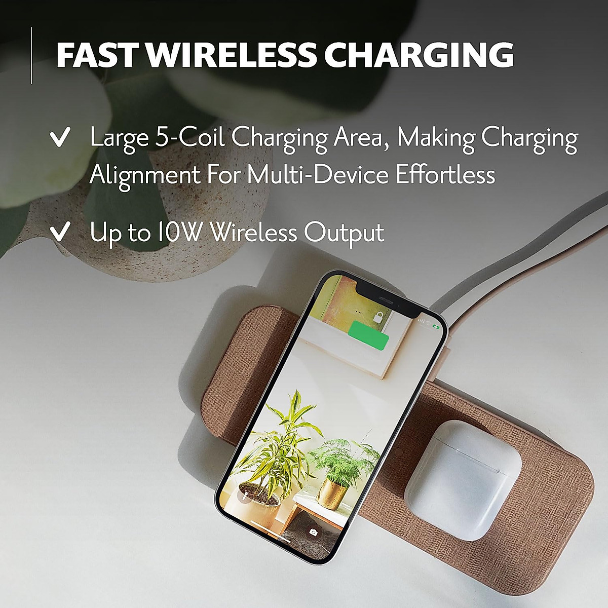Courant Catch:2 - Belgian Linen Dual Wireless Charging Pad - Compatible with iPhone 11, X, SE, Galaxy S23, S22, S21, S20, Note, AirPods/Pro (Natural)