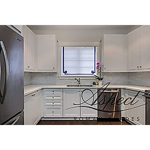 LOGANOVA Custom Flat Roman Shade with white background and navy blue Greek key border. Premium lining and chain mechanism.