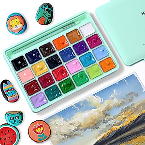 HIMI Gouache Paint Set, 24 Colors x 30ml Unique Jelly Cup Design with 3 Paint Brushes and a Palette in a Carrying Case Perfect for Artists, Students, Gouache Opaque Watercolor Painting (Green)