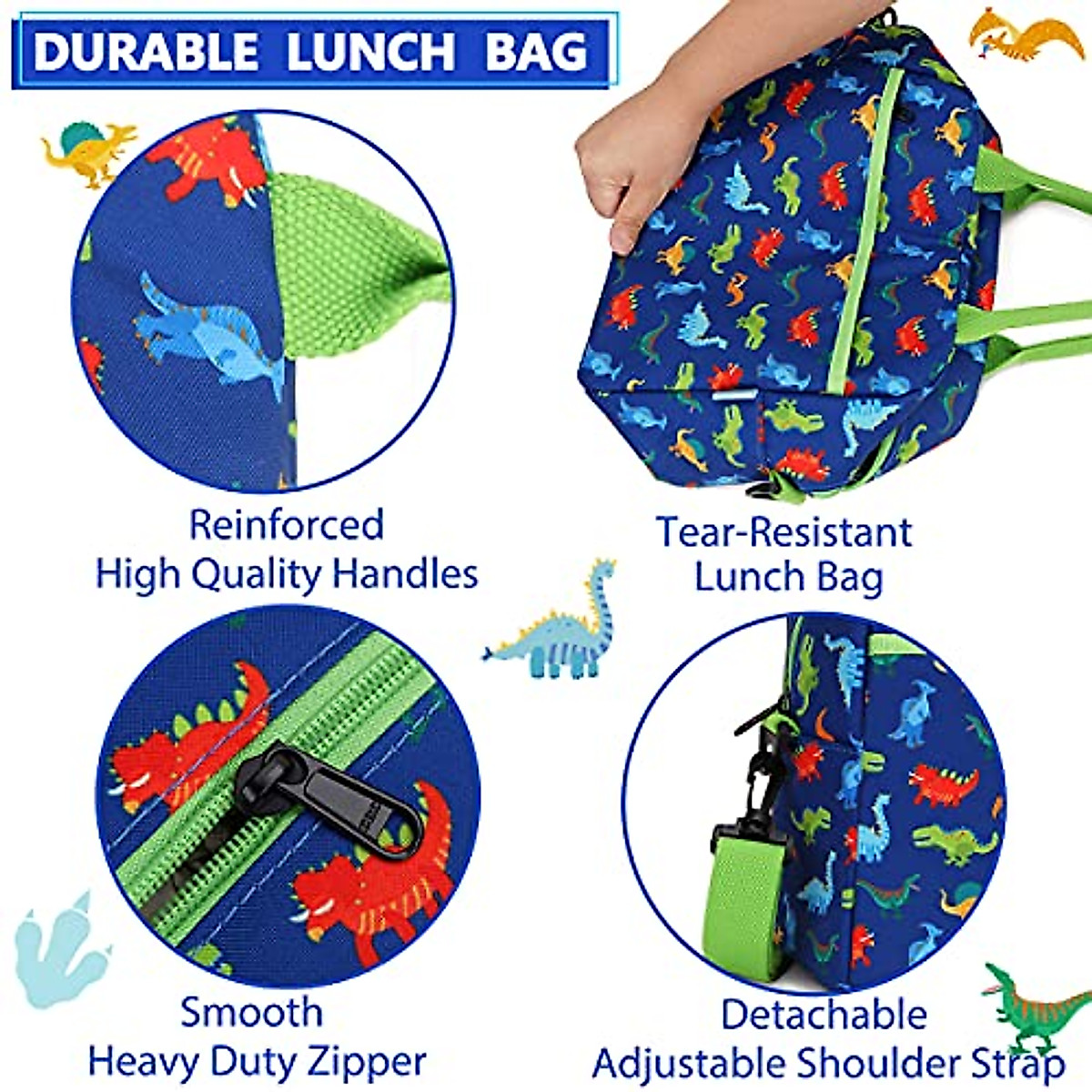 Lunch Bag for Boys, Insulated Lunch Box Bag Cute Dinosaur Thermal Lunch Tote with Removable Shoulder Strap, VONXURY