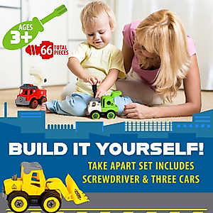 Flybar Power Gearz Take Apart Toy with Screwdriver and Screws- 3 Pack Truck Set for Boys and Girls- Fire Truck, Construction Truck, Garbage Truck- Vehicle Set - Building Toys for Kids Ages 3-5