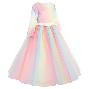 Baby Girls 3/4 Sleeve Floral Lace Tulle First Communion Pageant Holiday Dresses Kids Big Girls Princess Birthday Carnival Christmas Baptism Christening Birthday Prom Ball Gown Rainbow-White 7-8 Years