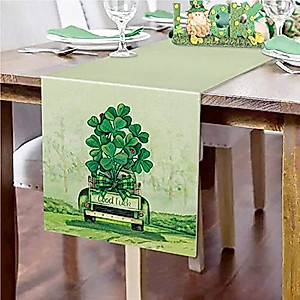 St Patricks Day Table Runner Shamrock Good Luck Truck Green Burlap Spring Holiday Kitchen Dining Banquet Indoor Outdoor Decorations Family Party Decor 13 x 72 Inch