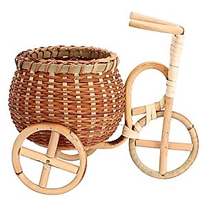 Garneck Small Rattan Basket Bamboo Woven Tricycle Shape Rack Belly Round Basket Handmade Multifunctional Dried Nuts Pencil Pen Bucket for Home Living Room Light Brown
