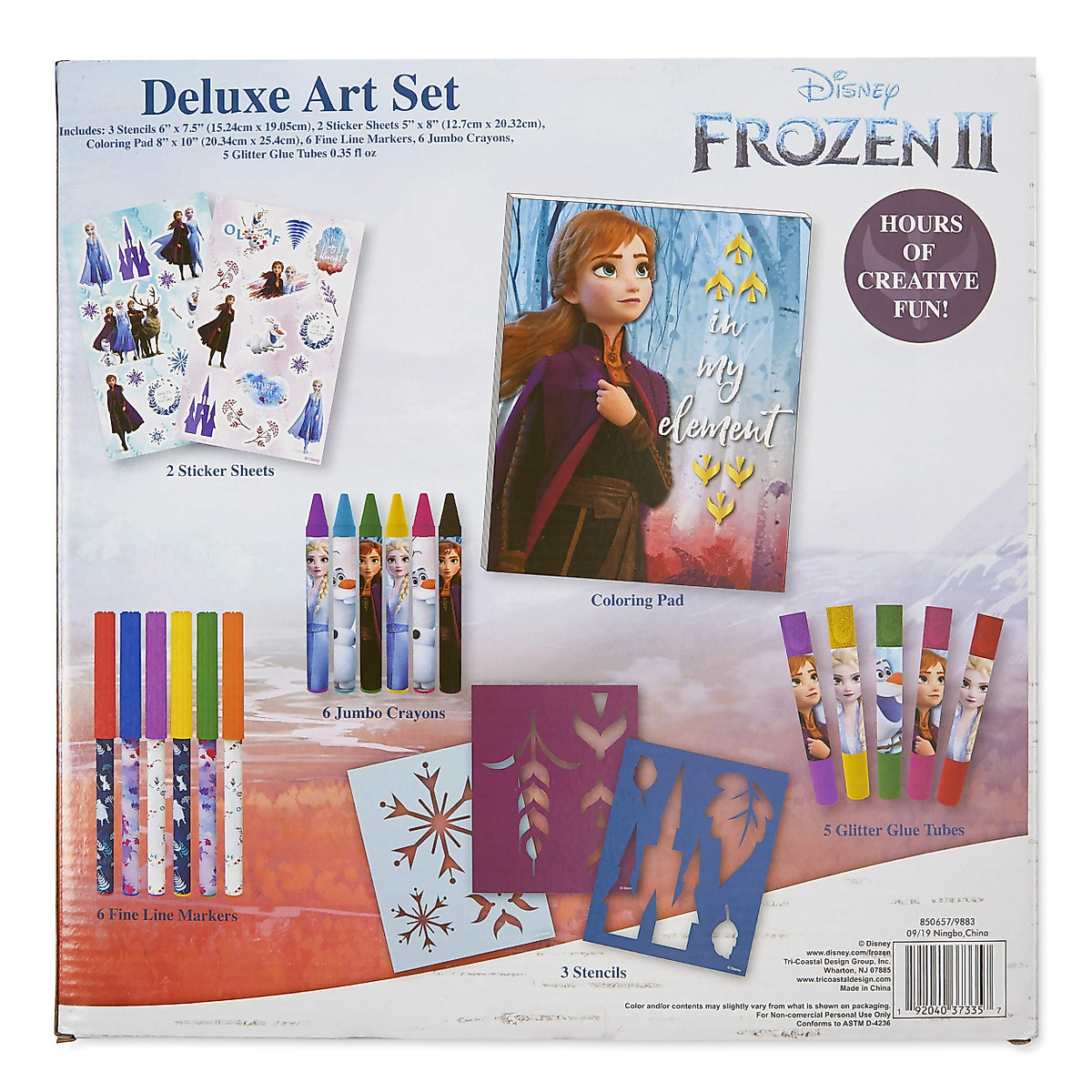 Frozen 2 Deluxe DIY Art Supplies Set with Stencils, Sticker Sheets, Coloring Pad, Markers, Jumbo Crayons, and Glitter Glue