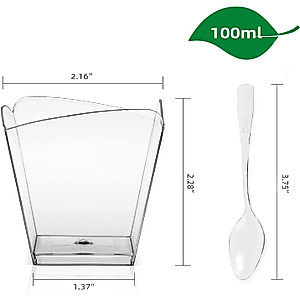 PLAZOTTA 100 Pack 3.5 oz Clear Plastic Dessert Cups with 100 Tasting Spoons, Square Parfait Appetizer Cups for Party, Weddings